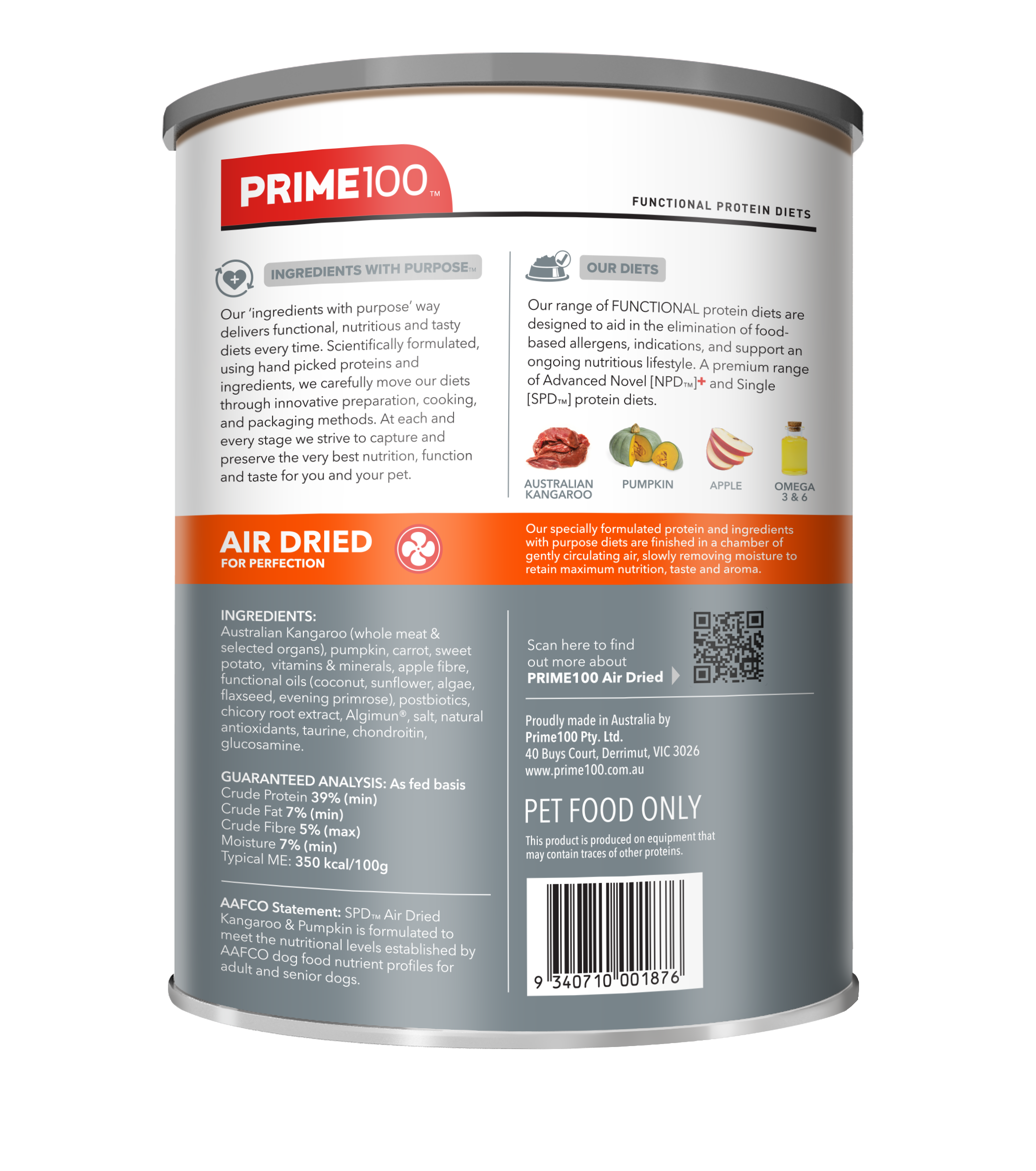 Prime 100 SPD Air Dried Kangaroo & Pumpkin | Raw Pet Co